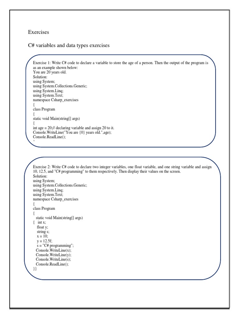 Exercises C# Variables and Data Types Exercises | PDF | C Sharp (Programming Language ...