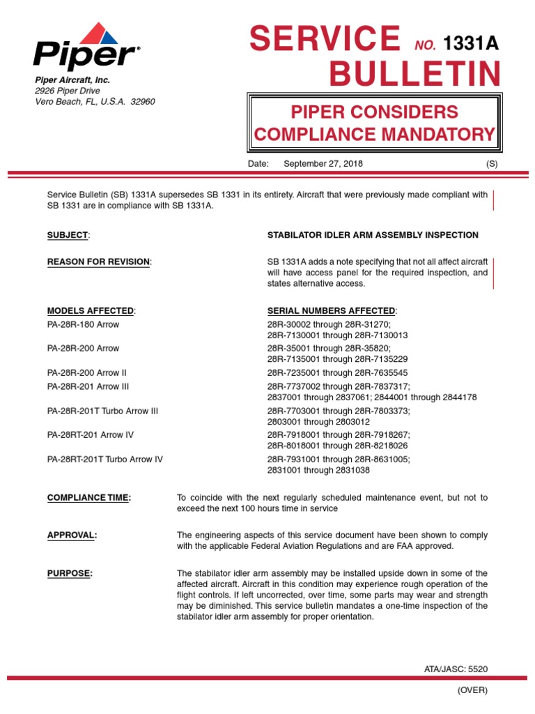 Service Bulletin: Piper Considers Compliance Mandatory | PDF | Aviation ...