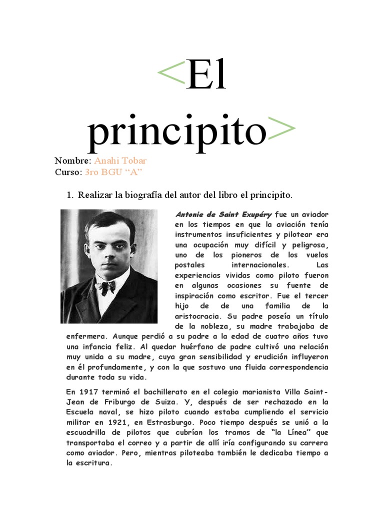 El Principito: Nombre: Curso: 1. Realizar La Biografía Del Autor Del ...