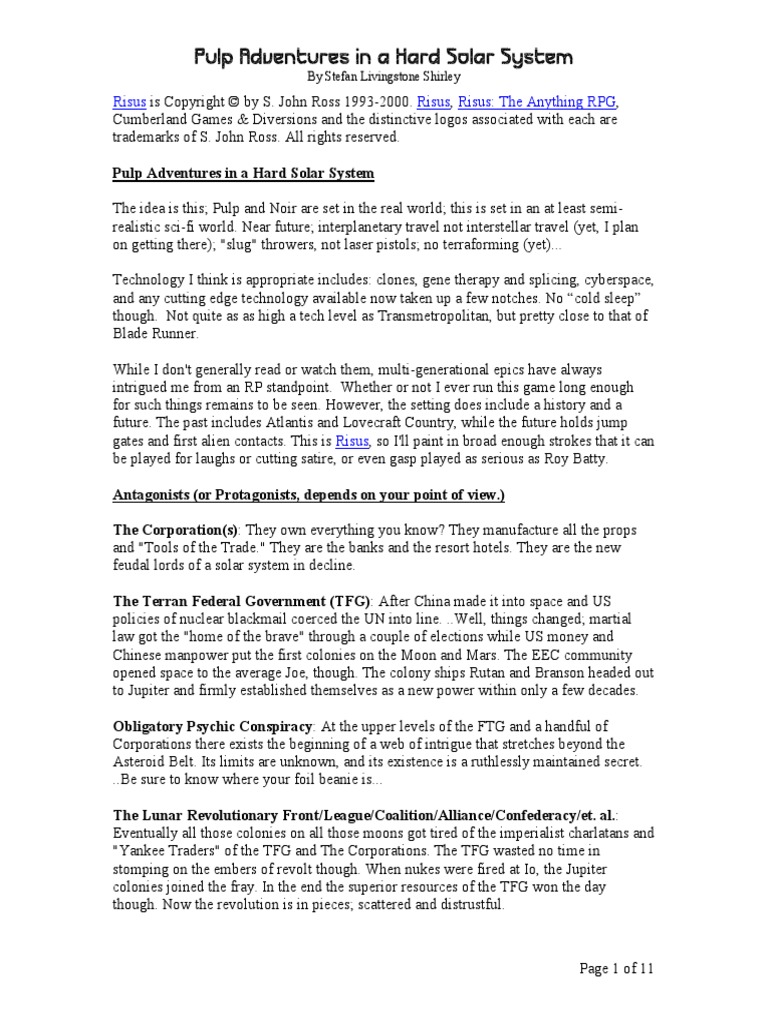 Pulp Adventures in A Hard Solar System: Risus Risus Risus: The Anything RPG | PDF