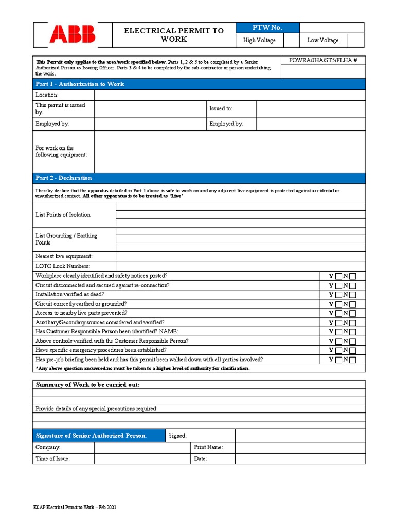 Electrical Permit To Work Template Pdf Occupational Safety And