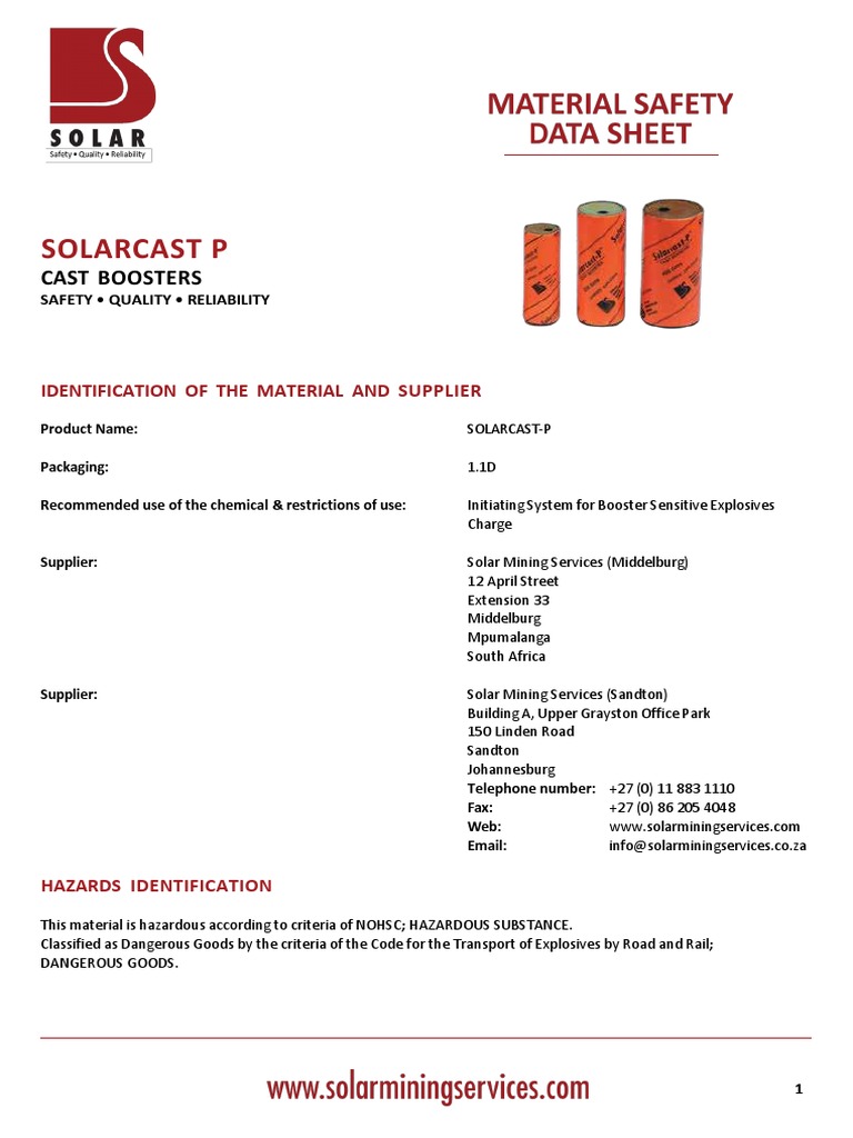 Solarcast MSDS | PDF | Dangerous Goods | Combustion