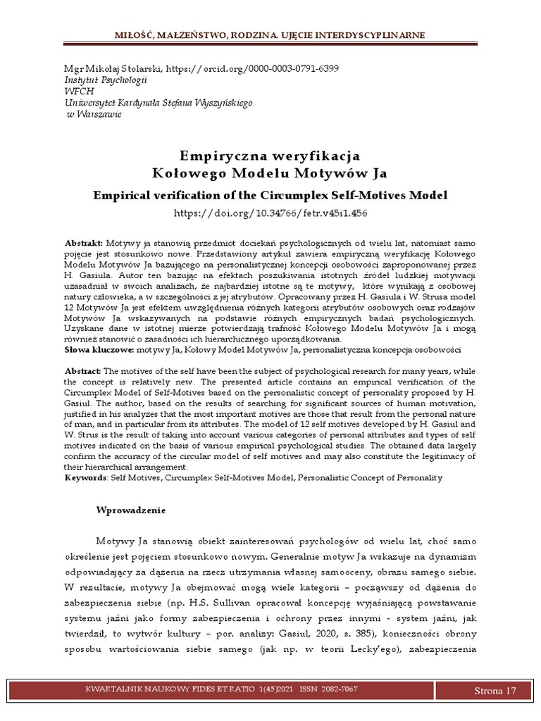 Empiryczna Weryfikacja Kołowego Modelu Motywów Ja: Empirical Verification of The Circumplex Self ...