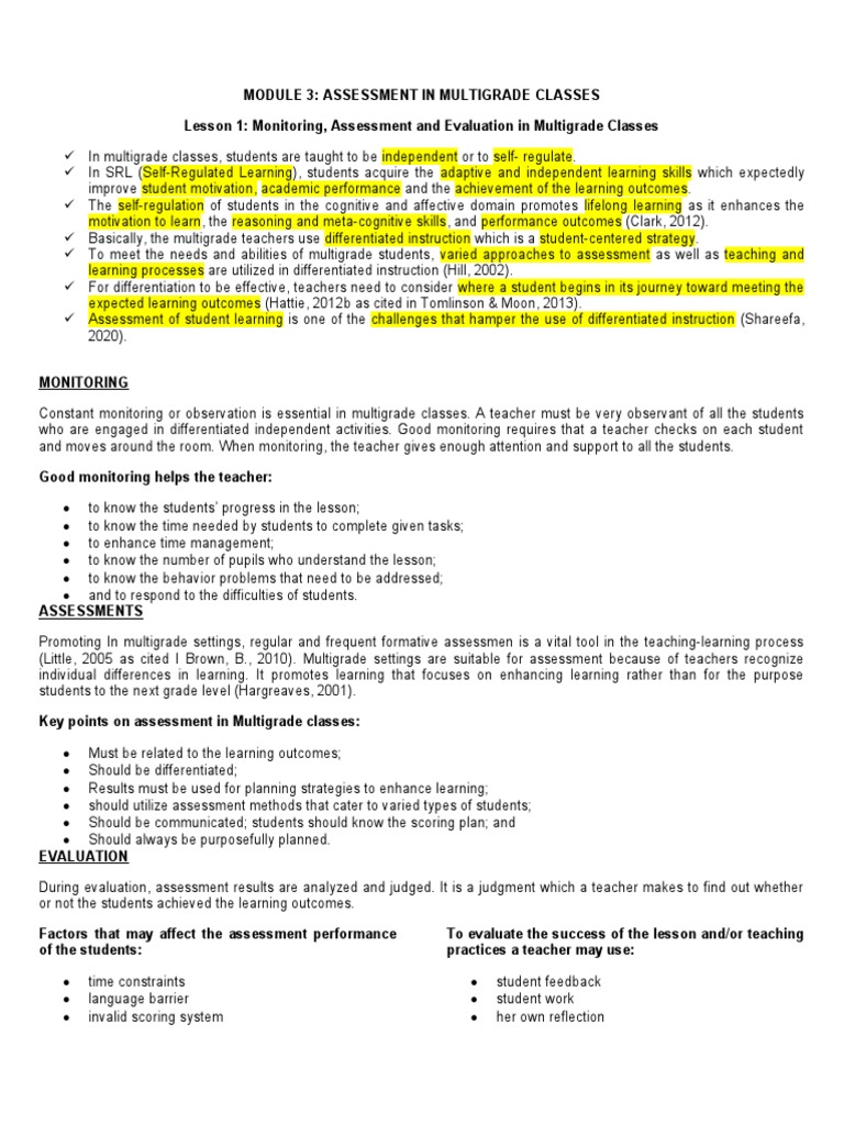 Assessing Student Learning in Multigrade Classrooms: Monitoring ...