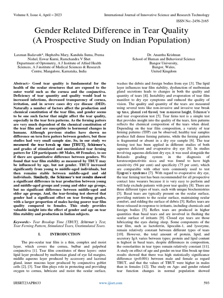 Gender Related Difference in Tear Quality (A Prospective Study On ...