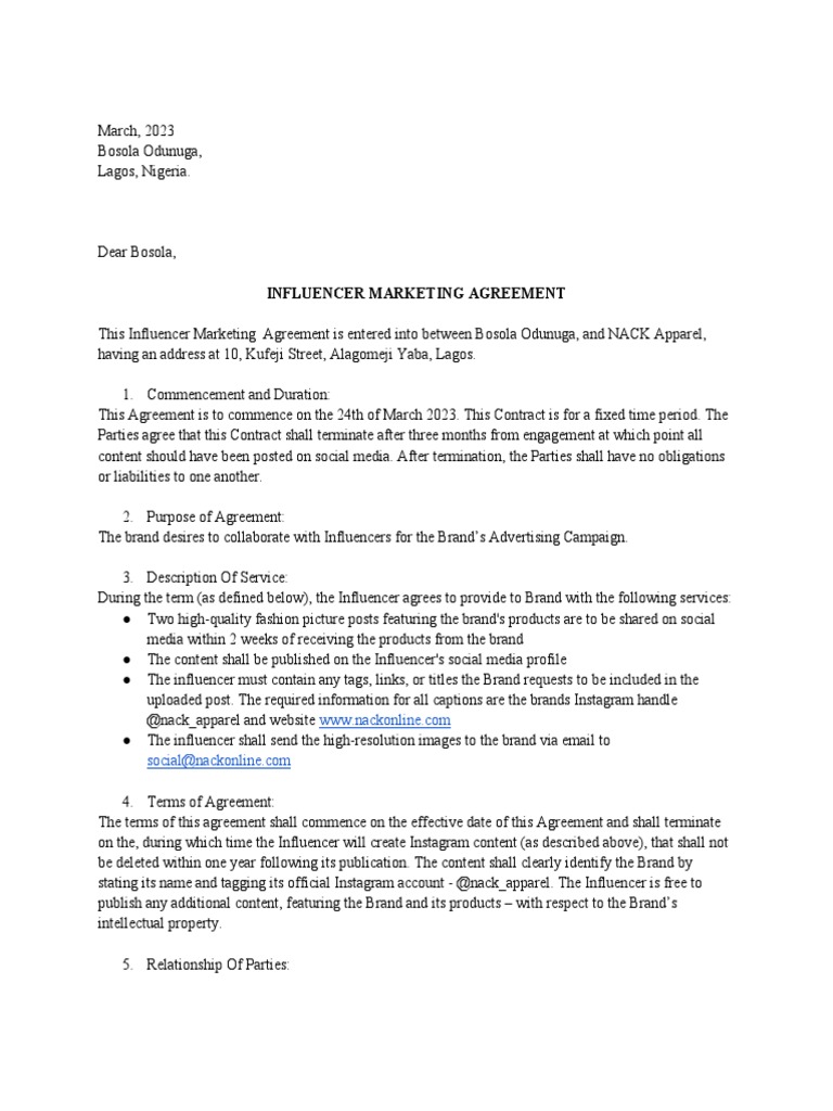 INFLUENCER AGREEMENT Sample | PDF | Employment | Social Media