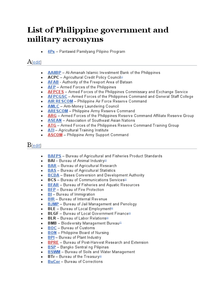 List of Philippine Government and Military Acronyms: Afpces | PDF ...