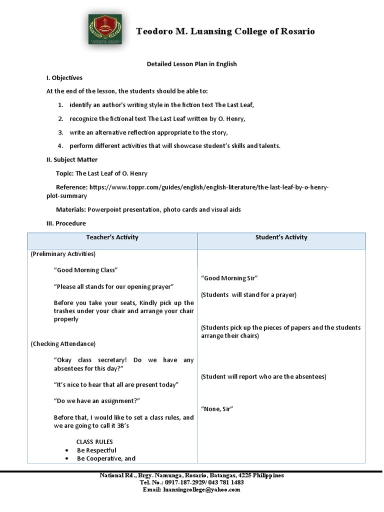 Lesson Plan for "The Last Leaf" | PDF | Narration
