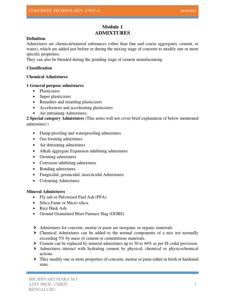 Admixtues Module 1 | PDF | Concrete | Fly Ash