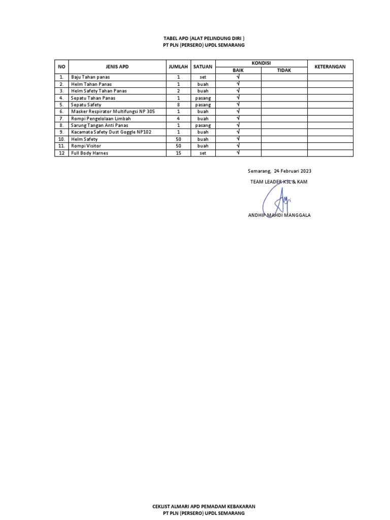 Daftar APD PT PLN UPDL Semarang | PDF
