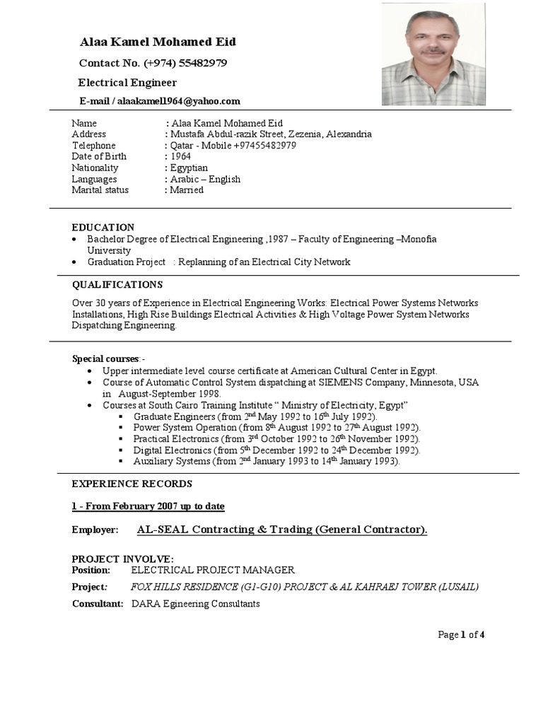 C.V.Eng - Alaa - Updated | PDF | Electrical Substation | Power (Physics)