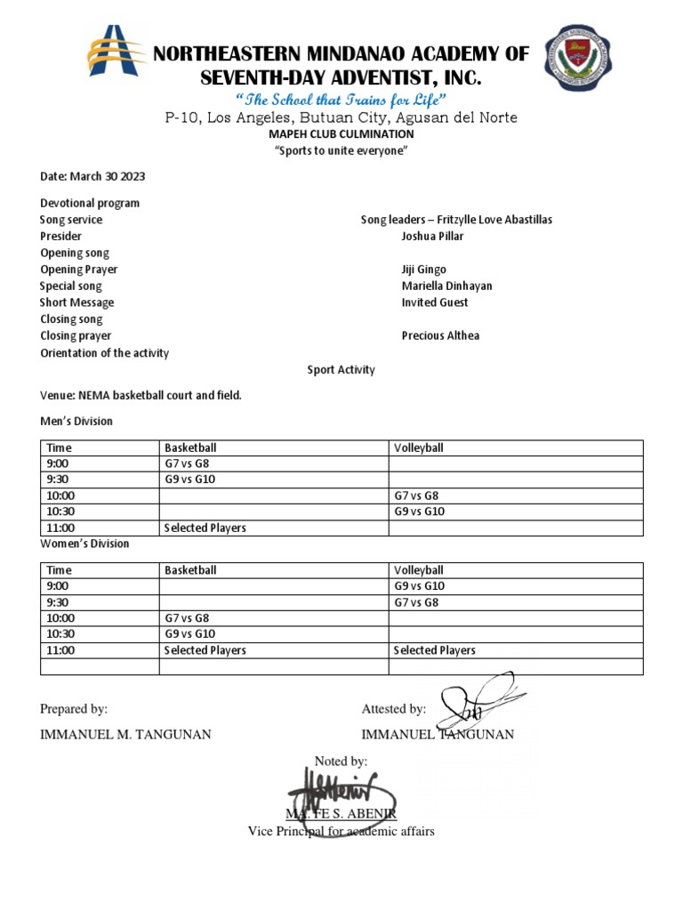 MAPEH Club Sports Event Schedule 2023 | PDF