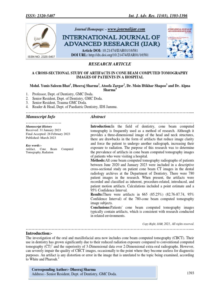 A Cross-Sectional Study of Artifacts in Cone Beam Computed Tomography ...