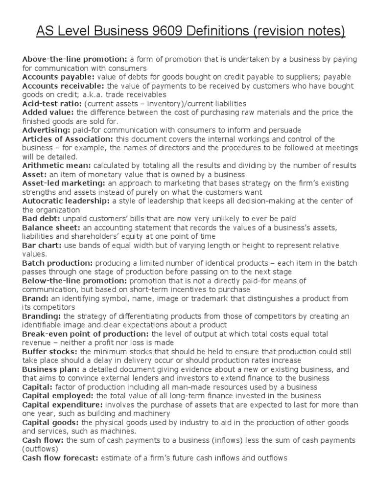 AS Level Business 9609 Definitions (Revision Notes) | PDF | Business ...