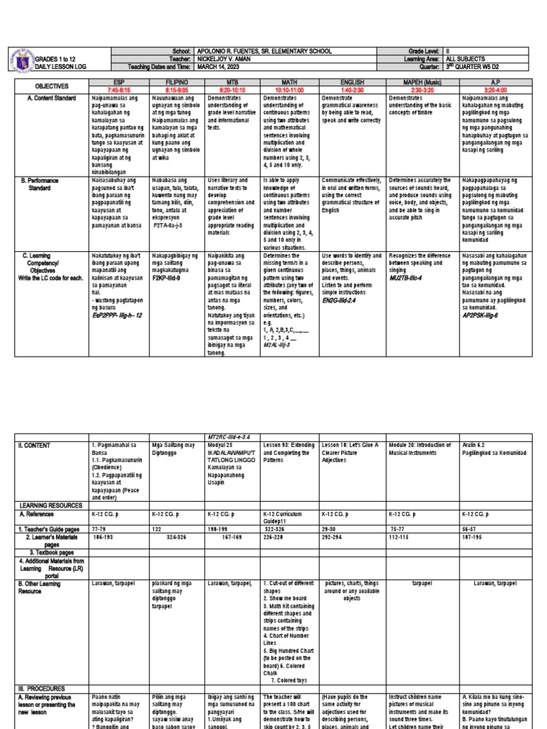 ESP Filipino MTB Math English MAPEH (Music) A.P | PDF
