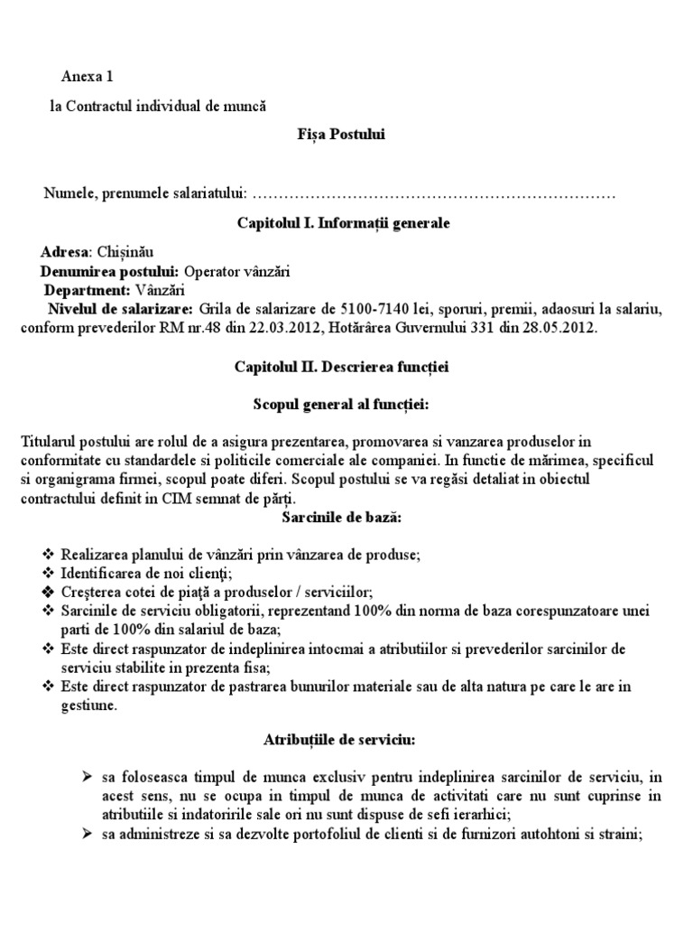 Fisa de Post Operator de Vanzari | PDF