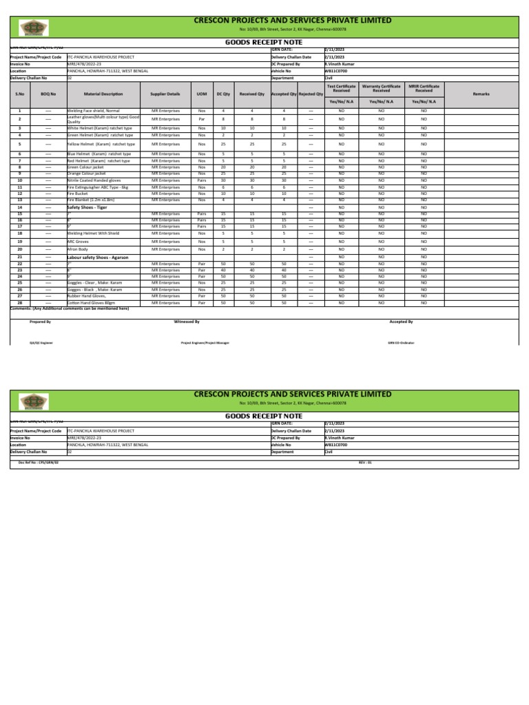 Crescon Projects and Services Private Limited: Goods Receipt Note | PDF
