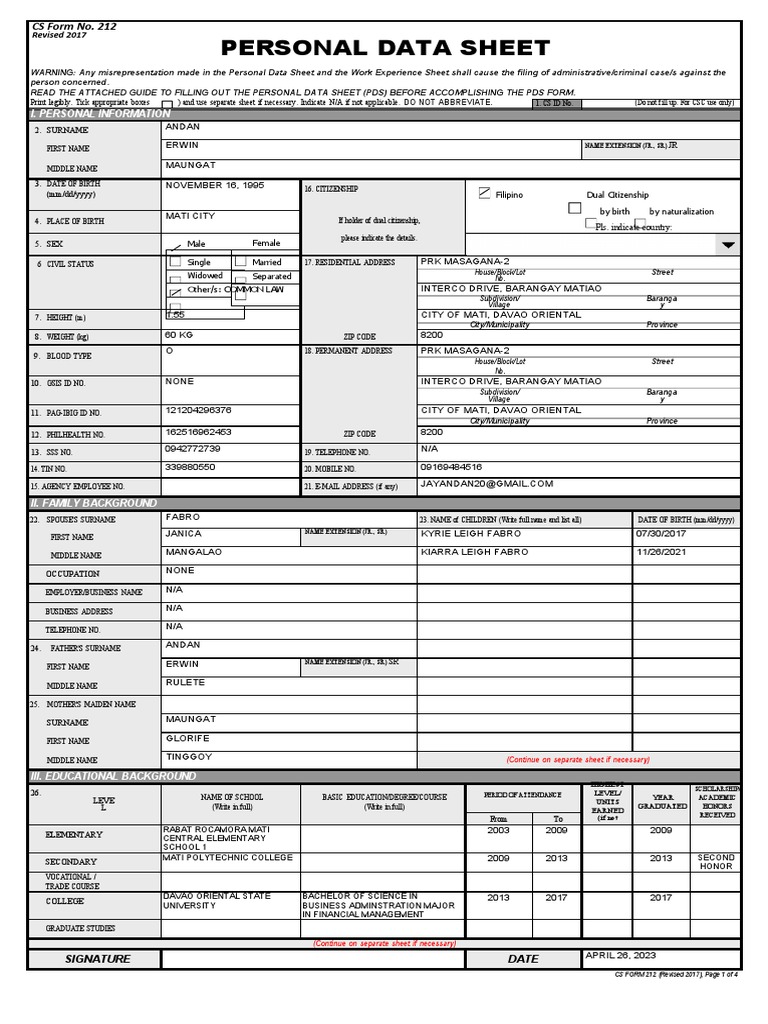 Personal Data Sheet CS Form No. 212 Revised 2017 | PDF | Government ...