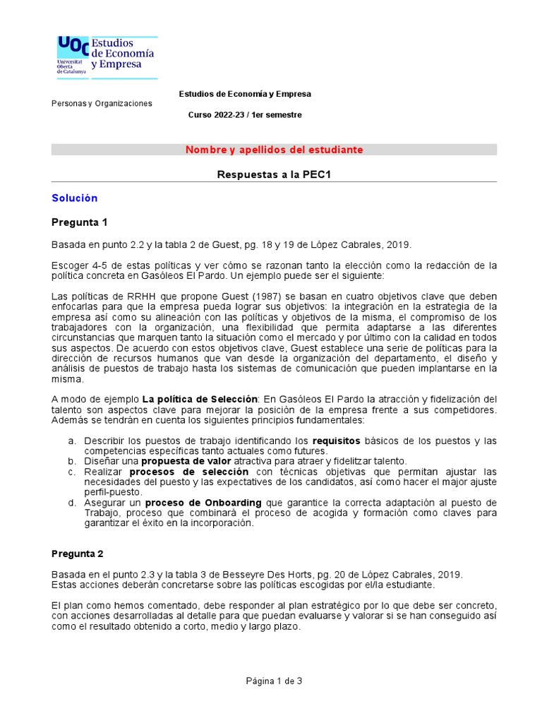 Solución PEC1 - 2022 - 1 | PDF | Gestión de recursos humanos | Business