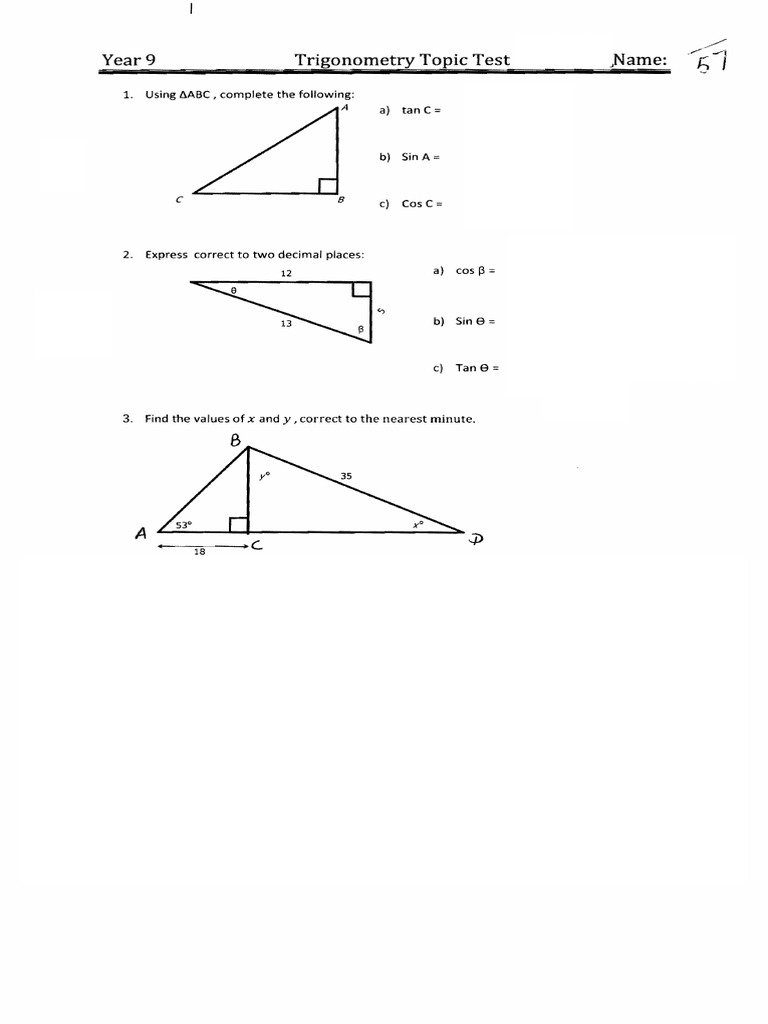 Year 9 Trigonometry Topic Test | PDF | Trigonometric Functions ...