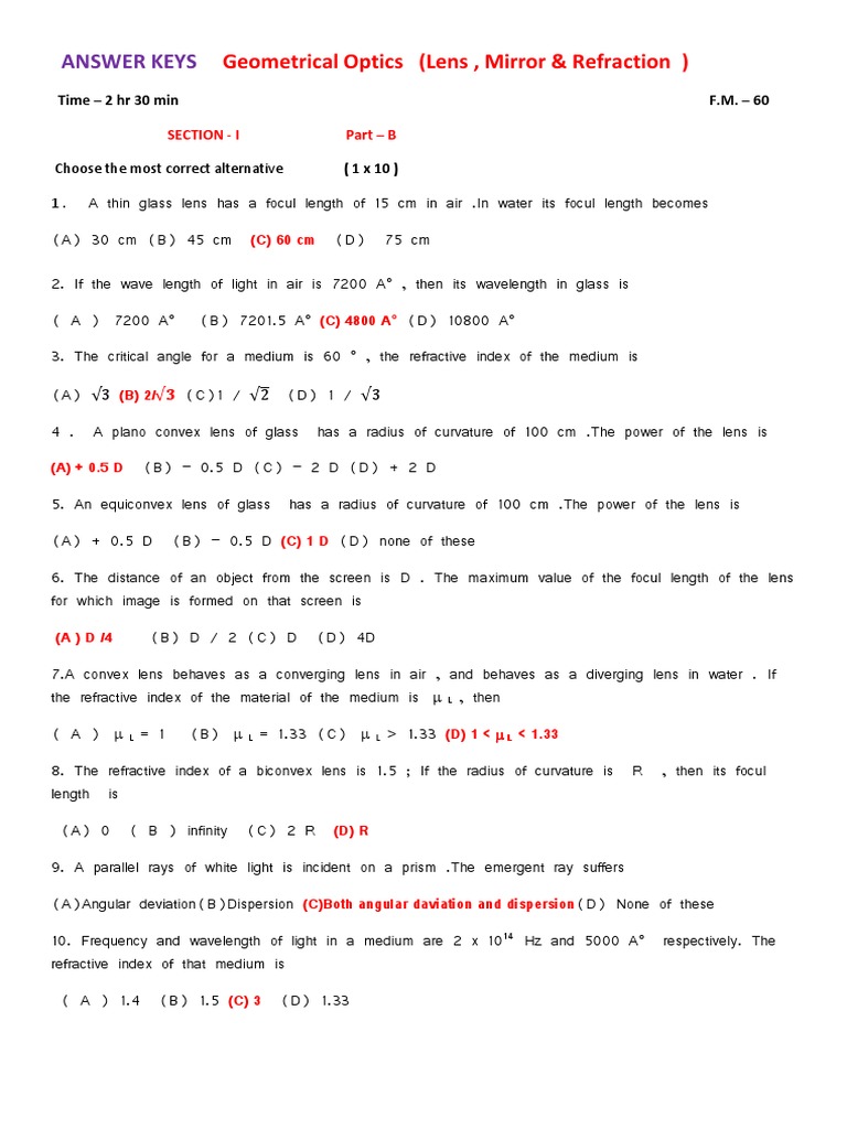 SOLUTION OF Lens, Mirror, Refraction | Download Free PDF | Refractive Index | Refraction