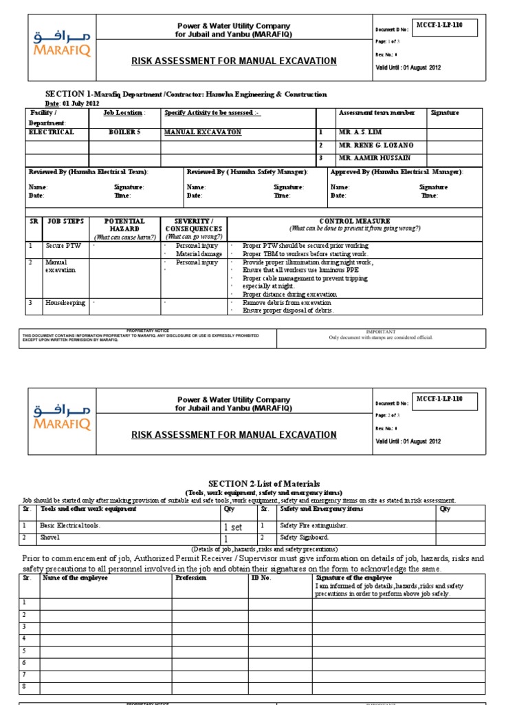 Risk Assessment For Manual Excavation | PDF | Risk Assessment | Risk