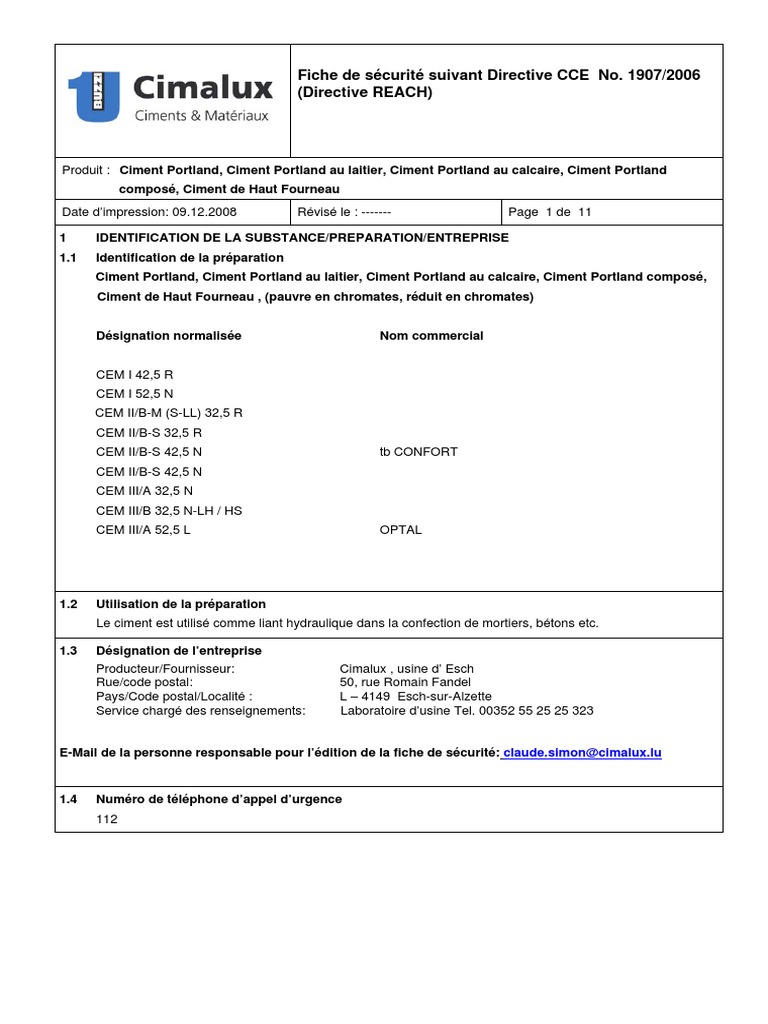 106FDS Fiche de Sécurité Ciment | PDF | Ciment | Béton