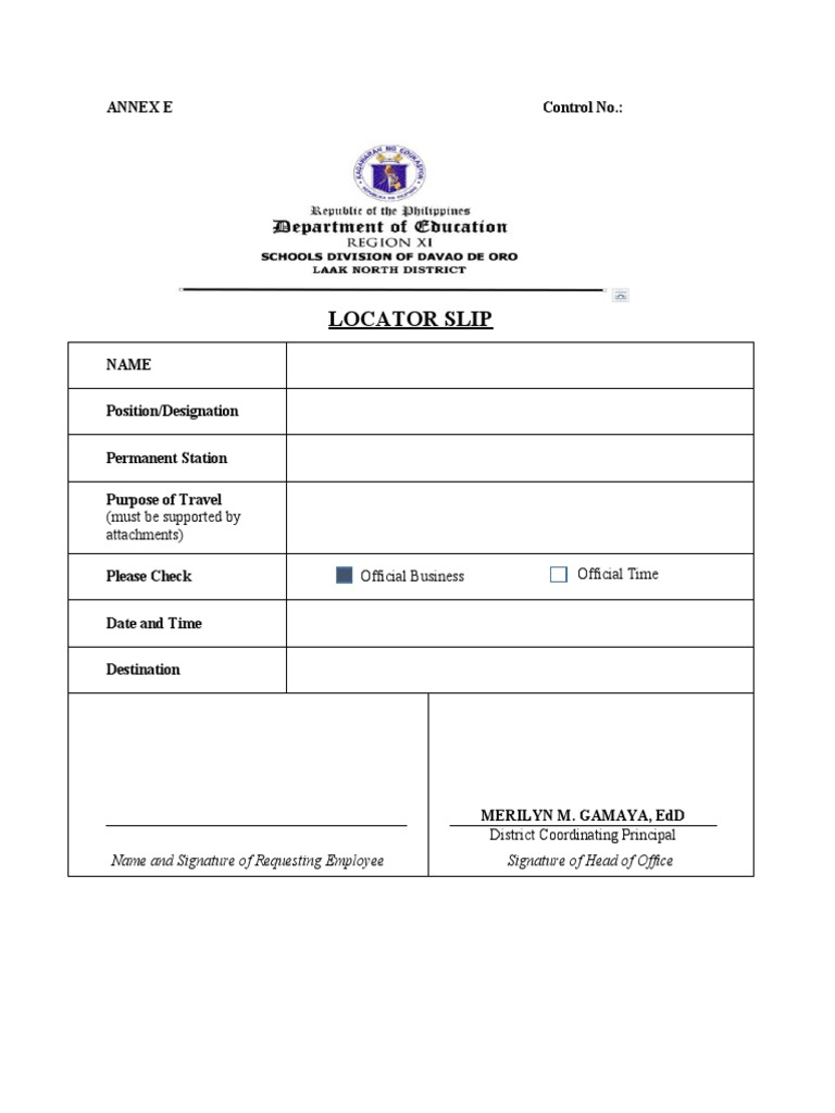 Locator Slip: Annex E Control No. | PDF