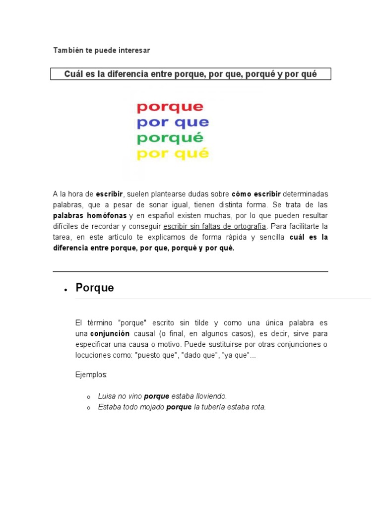 Cuál Es La Diferencia Entre Porque, Por Que, Porqué y Por Qué | PDF