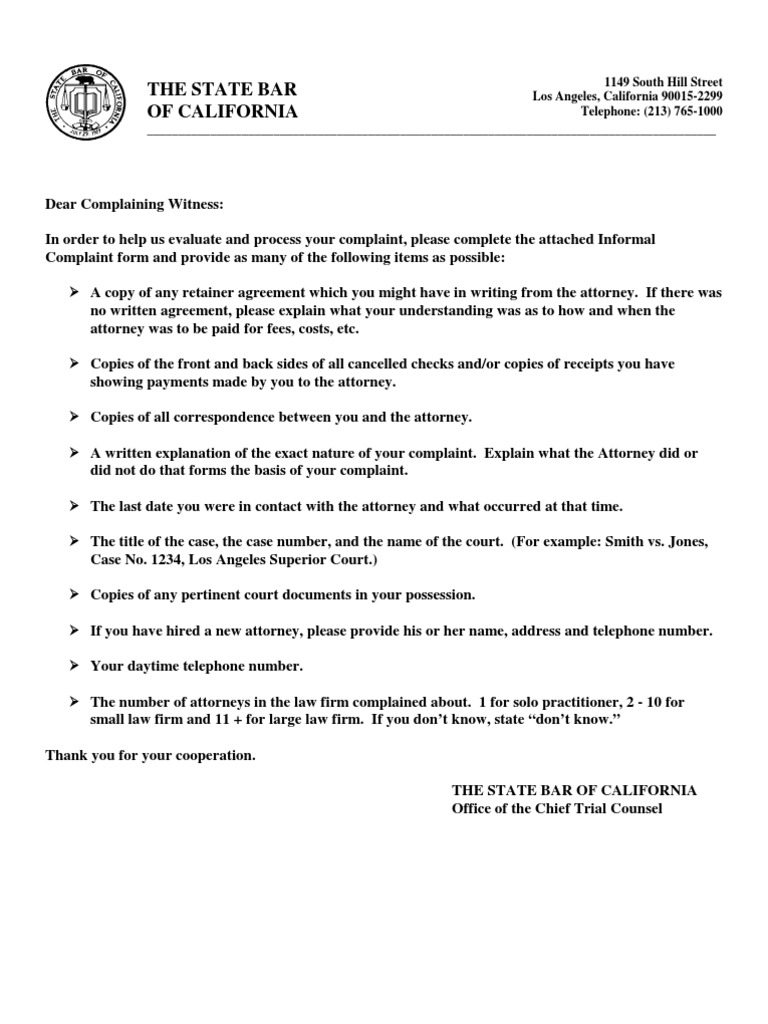 Attorney Bar Complaint Form | PDF | Lawyer | State Bar Of California