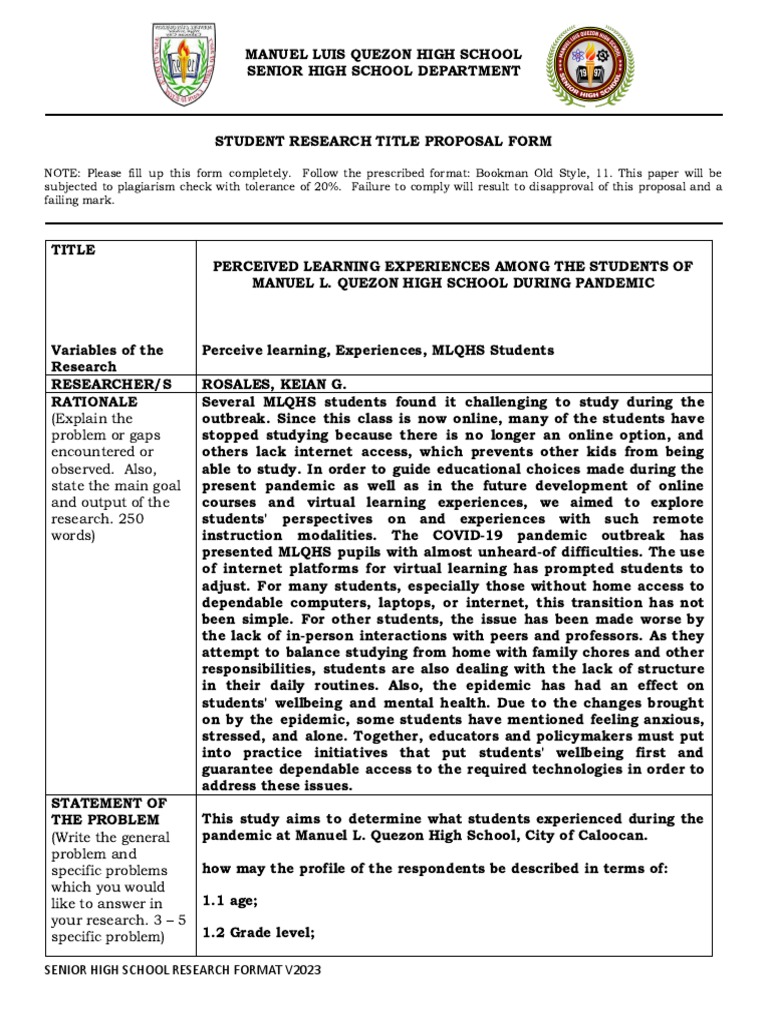 STUDENT RESEARCH TITLE PROPOSAL FORM Google Docs 1 | PDF | Experience ...