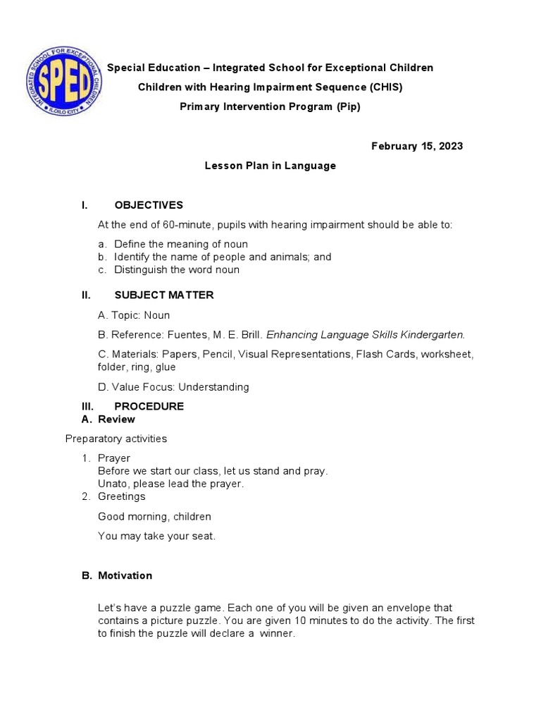 Introducing Nouns: A Lesson Plan on Teaching the Concept of Nouns to Students with Hearing ...