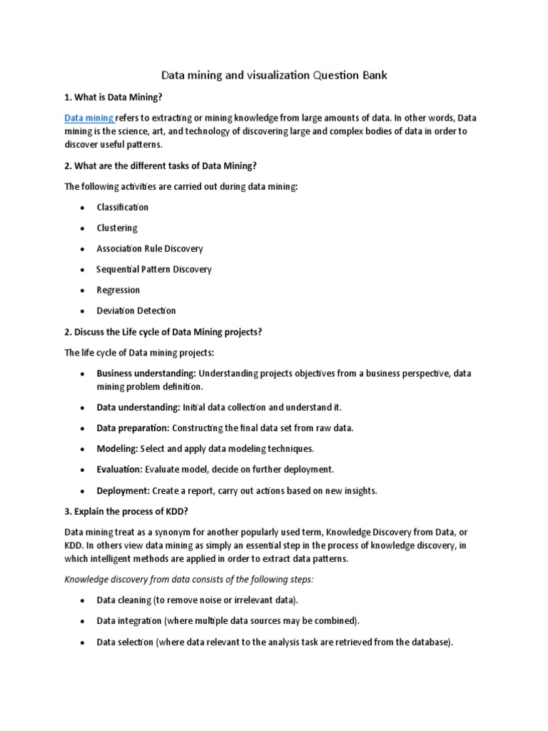 Data Mining and Visualization Question Bank | PDF | Data Mining | Data Warehouse