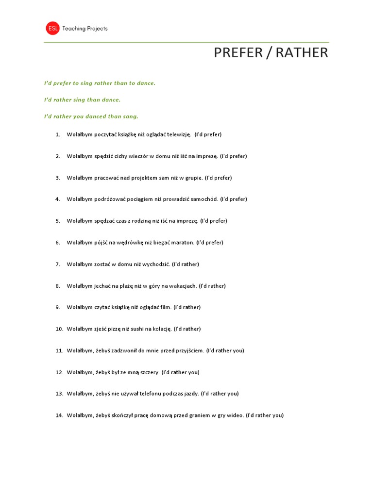 Prefer / Rather: I'd Prefer To Sing Rather Than To Dance. I'd Rather Sing Than Dance. I'd Rather ...