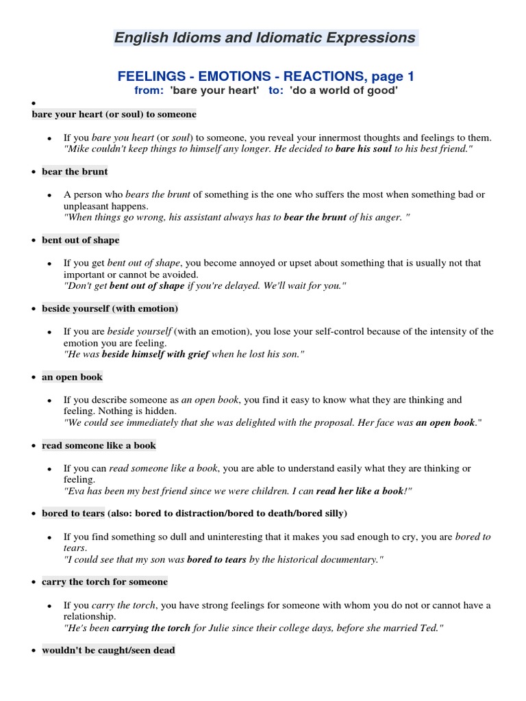 English Idioms and Idiomatic Expressions: Feelings - Emotions - Reactions, Page 1 | PDF ...