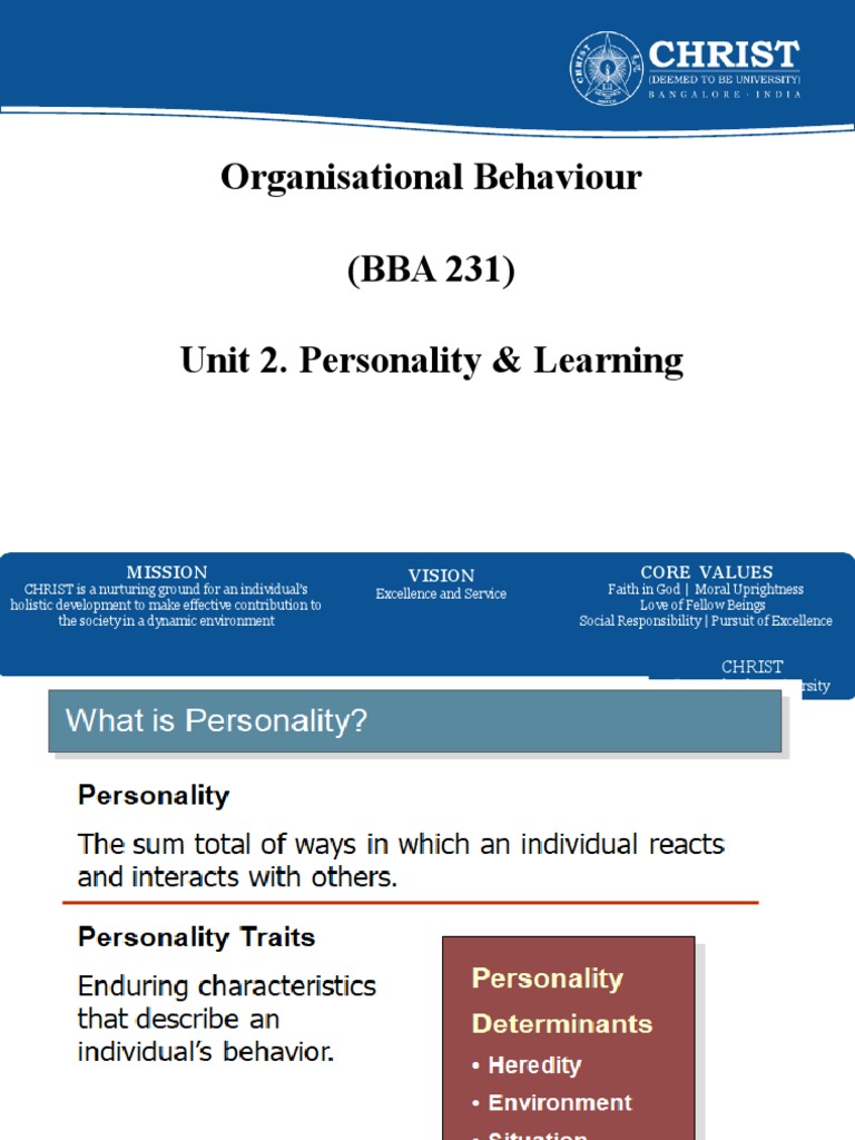 Organisational Behaviour (BBA 231) Unit 2. Personality & Learning | PDF ...