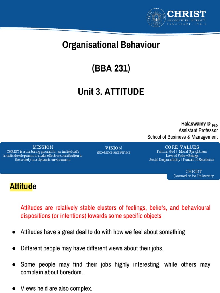 Organisational Behaviour (BBA 231) Unit 3. Attitude: Assistant Professor School of Business ...