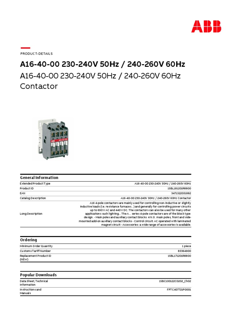ABB A16 40 00 | PDF | Electrical Components | Physical Quantities