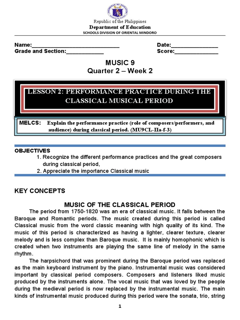 Music 9 Quarter 2 - Week 2: Lesson 2: Performance Practice During The ...
