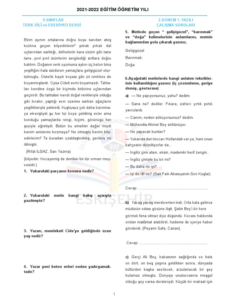 9.sinif Edebiyat 2.donem 1.yazili Calismasi Ve Cevaplari | PDF