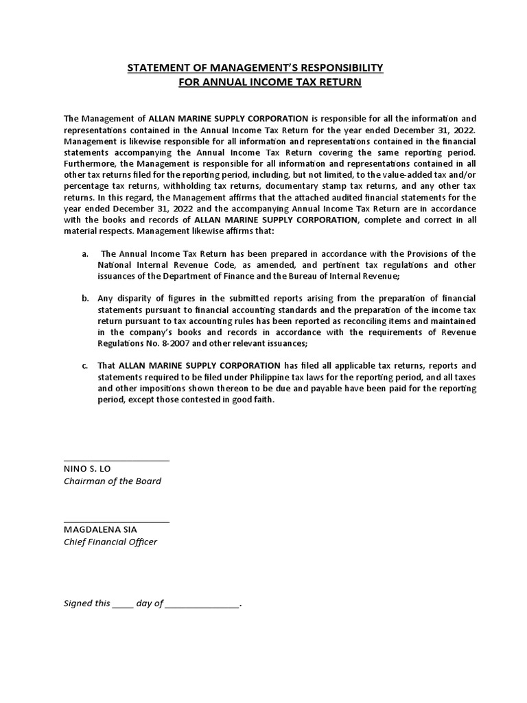 Management's Responsibility for Tax Return | PDF