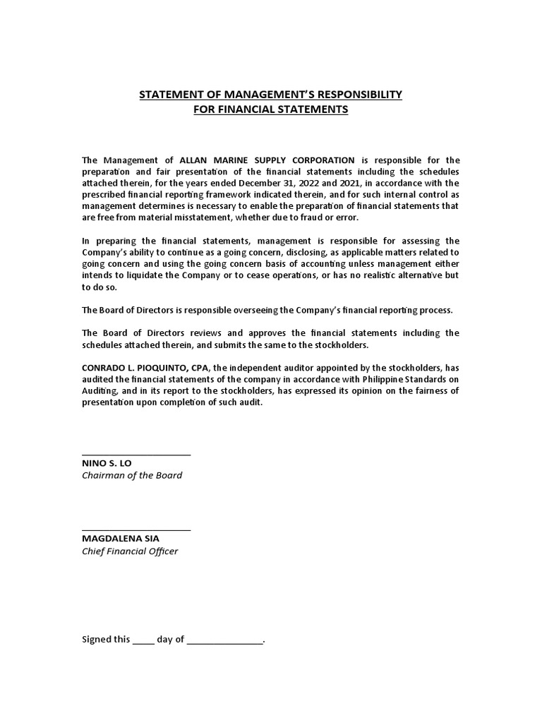 Statement of Managements Responsibility For Financial Statements ...