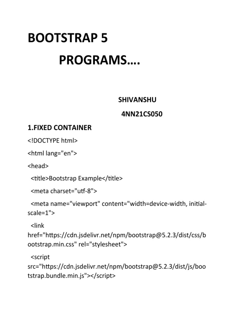 Bootstrap 5 Programs .: Shivanshu 4NN21CS050 1.fixed Container | PDF | Bootstrap (Front End ...