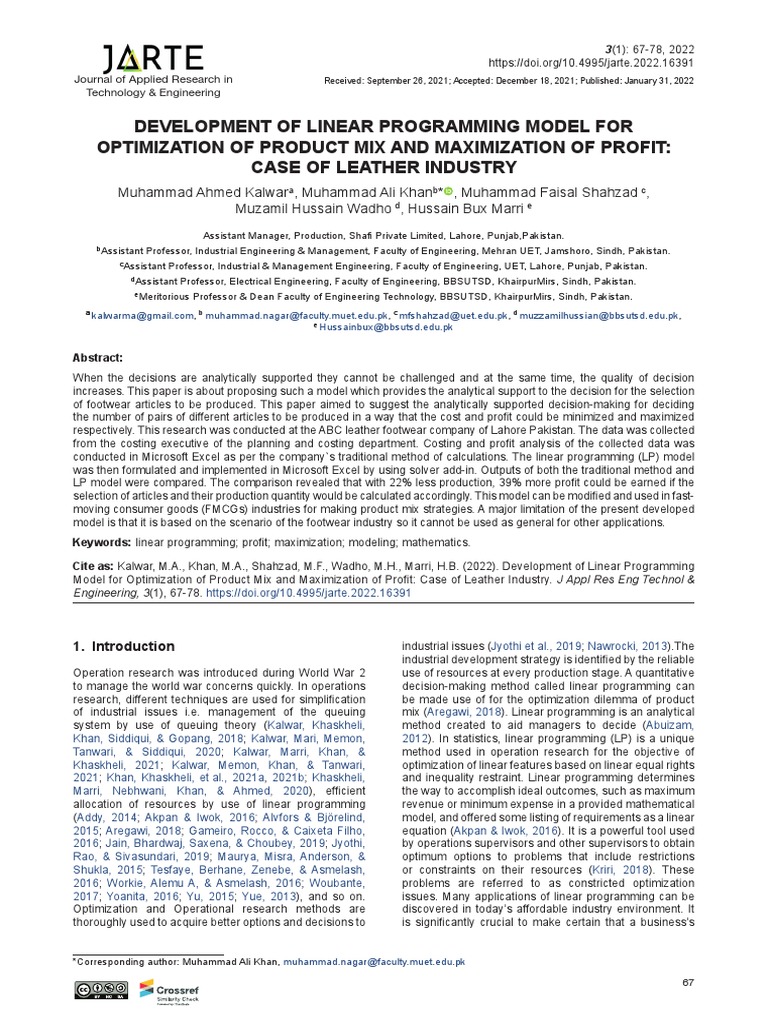 Development of Linear Programming Model For Optimization of Product Mix ... Development of Linear Programming Model For Optimization of Product Mix ...