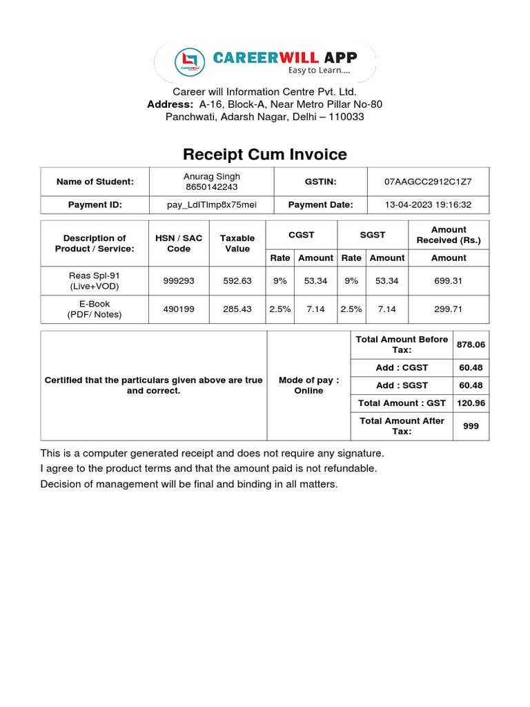 Receipt Cum Invoice: Address: A-16, Block-A, Near Metro Pillar No-80 | PDF