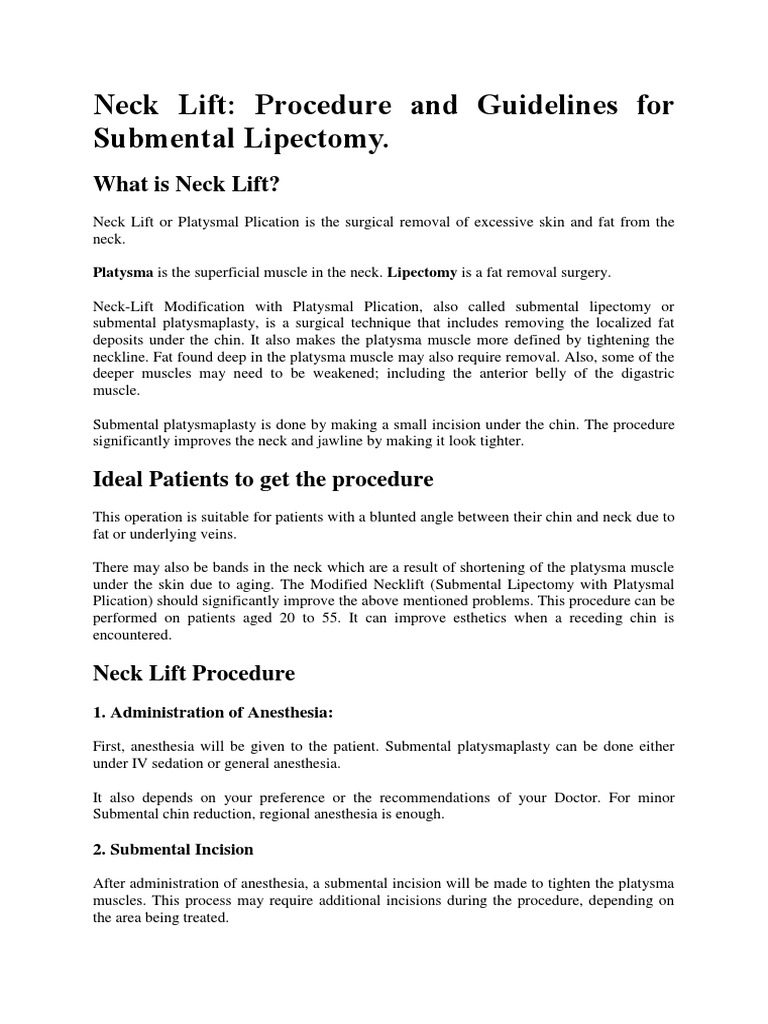 Neck Lift - Procedure and Guidelines For Submental Lipectomy | PDF ...