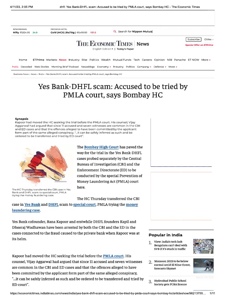 ET - Yes Bank-DHFL Scam Accused To Be Tried by PMLA Court, Says Bombay HC | PDF