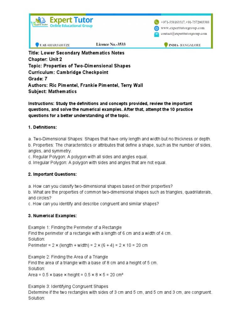 IGCSE-Year-7, Mathematics, Properties of Two-Dimensional Shapes | PDF