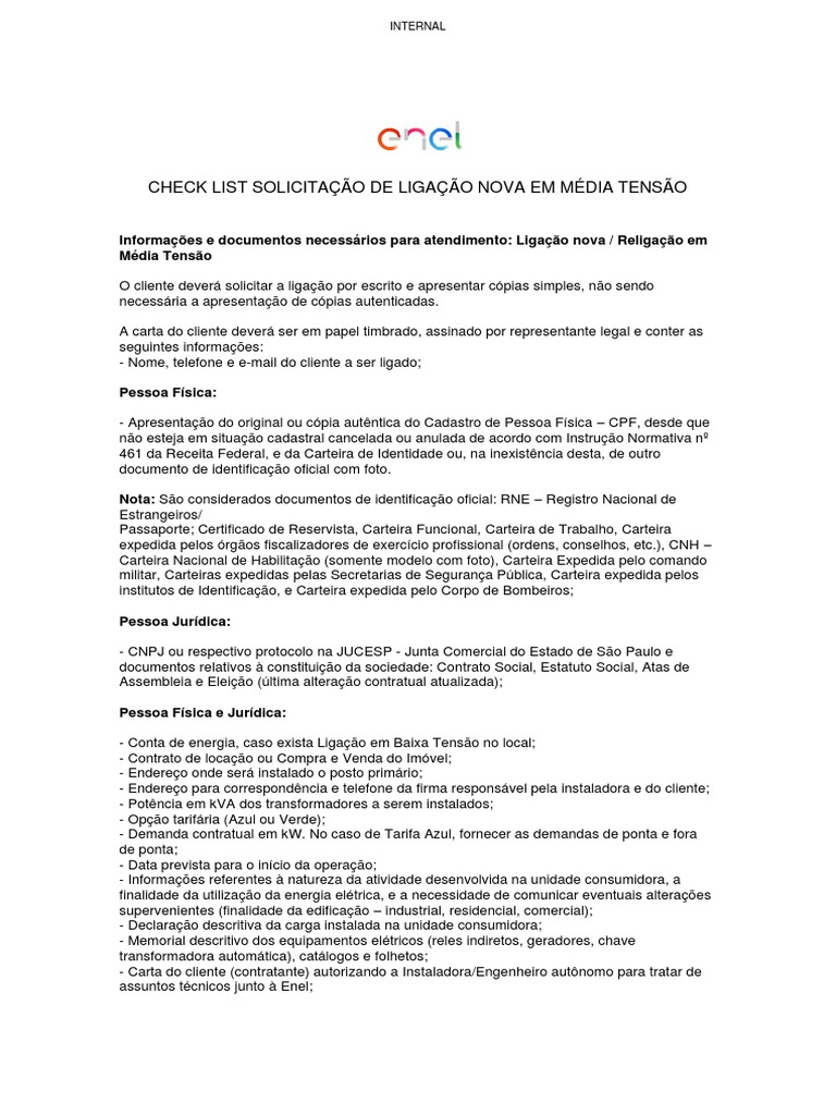 Check List Solicitação de Ligação Nova em Média Tensão | PDF | Carteira ...