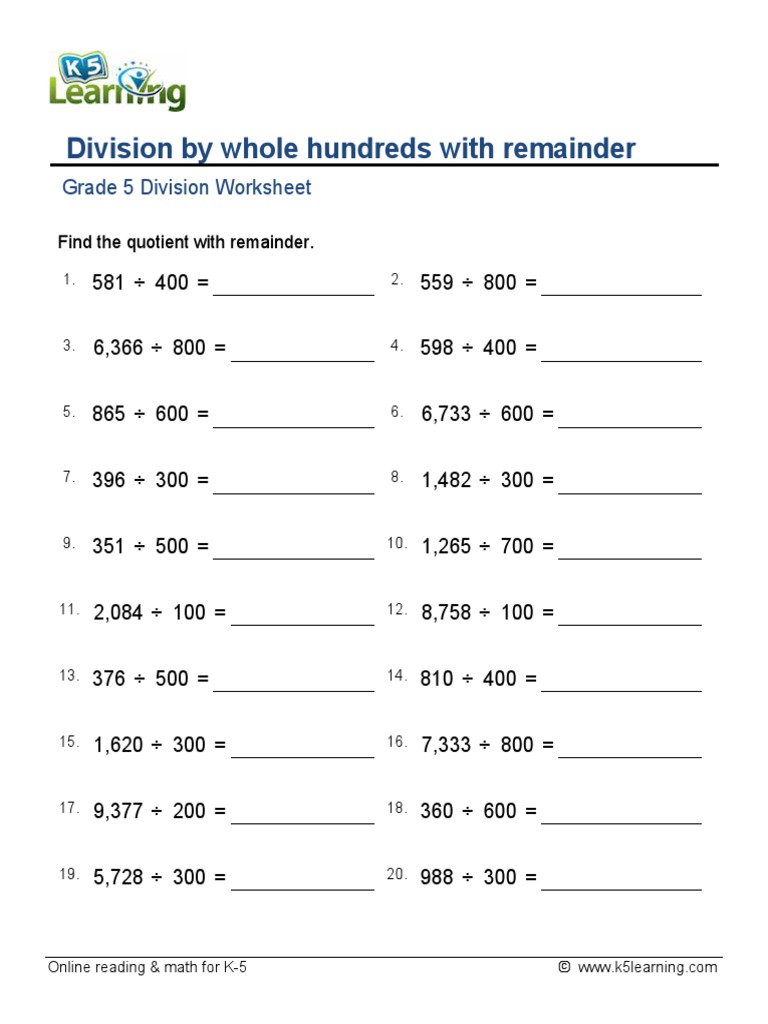 Division Whole Hundreds With Remainder A | PDF